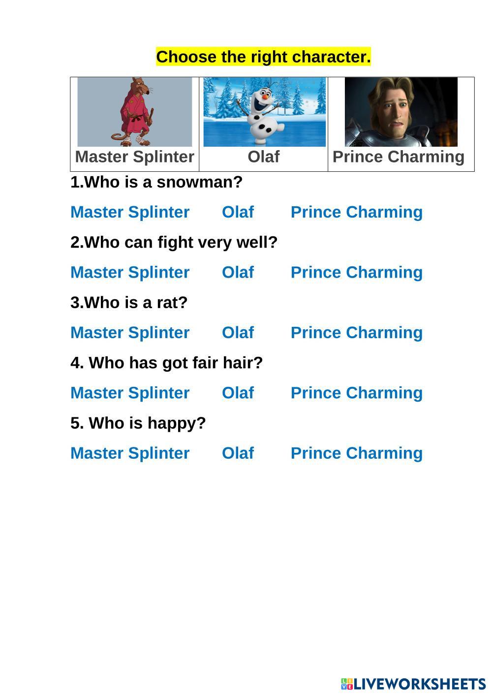 7162634 | Choose the character | ASAYS | LiveWorksheets