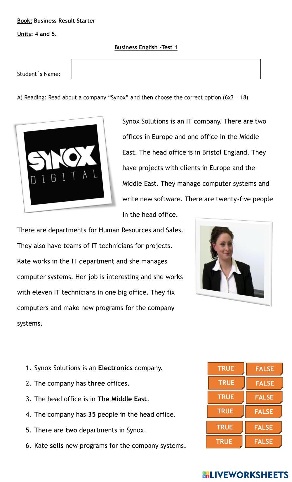 Business English - Test 1 7162684 | Gaviota | Live