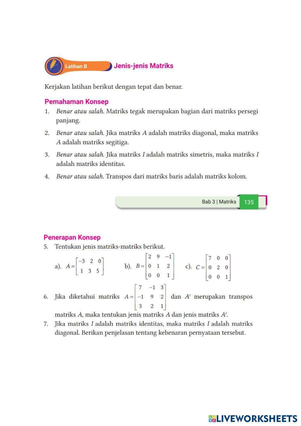 JENIS JENIS MATRIKS | Live Worksheets