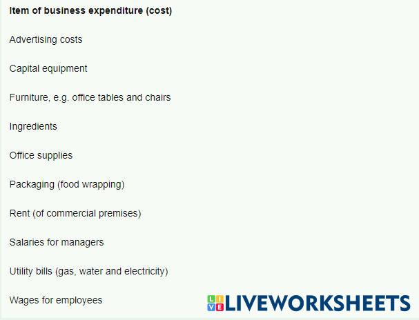 ATL Activity - Classifying costs | Live Worksheets