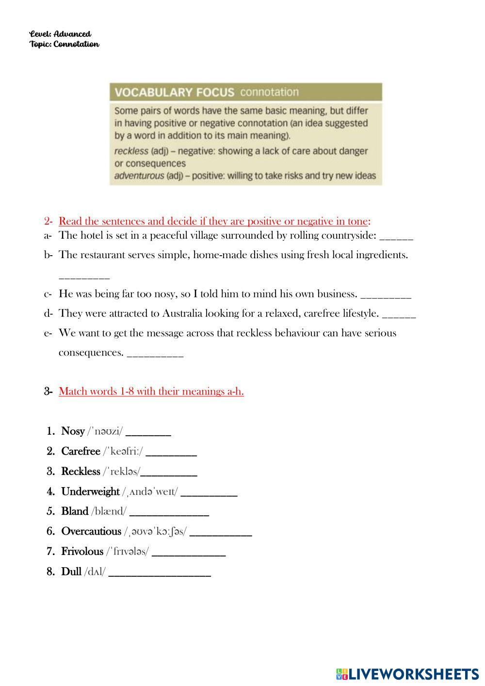 Connotation | Free Interactive Worksheets | 7163545