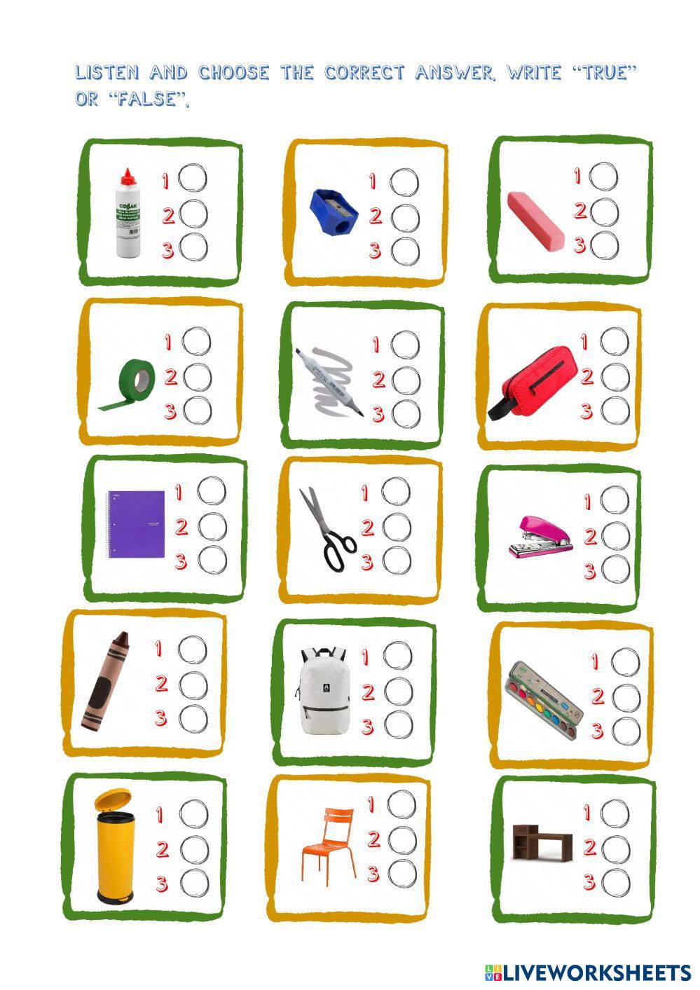 TRUE OR FALSE SCHOOL SUPPLIES | Live Worksheets