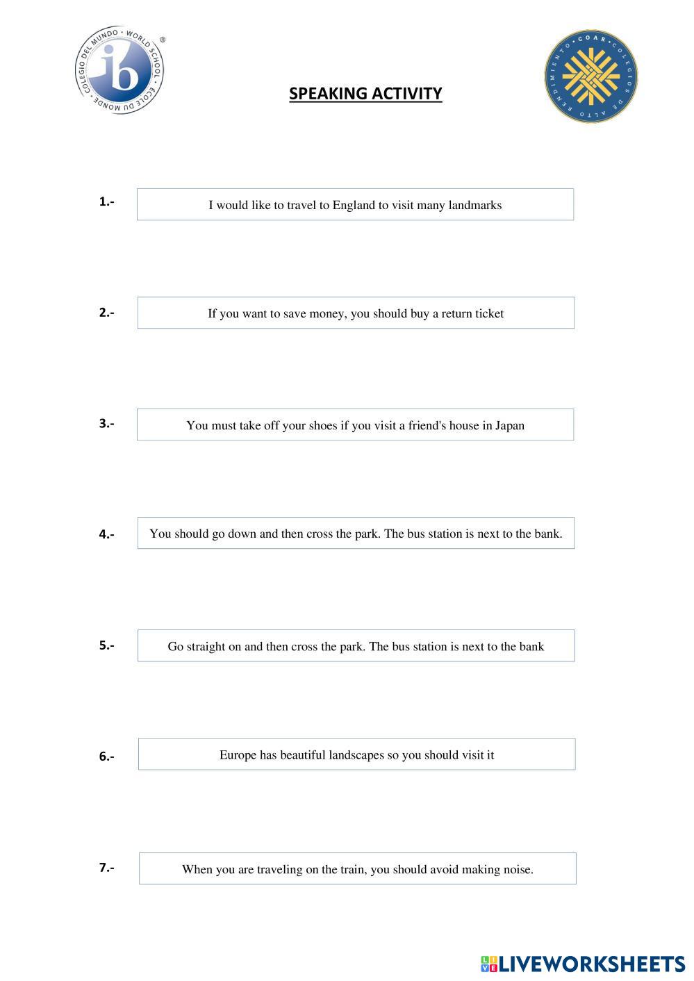 SPEAKING ACTIVI… | Free Interactive Worksheets | 7164469