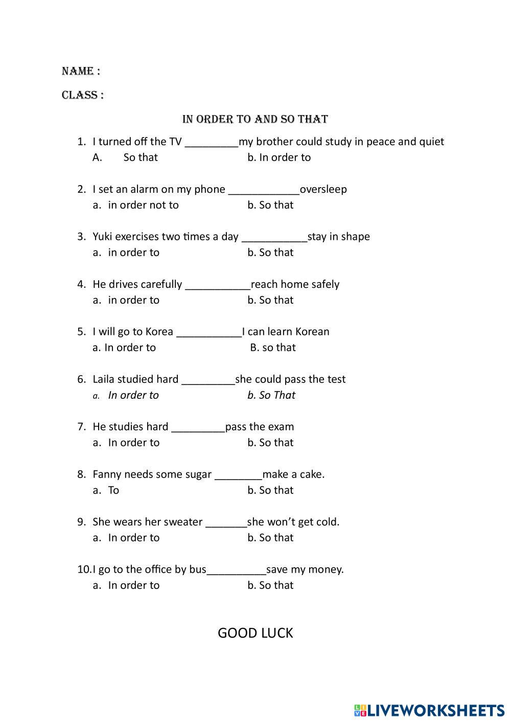 IN ORDER TO AND… | Free Interactive Worksheets | 7164702