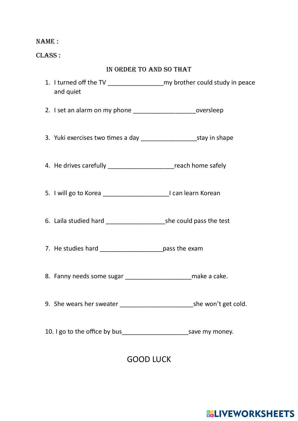 IN ORDER TO AND… | Free Interactive Worksheets | 7164711