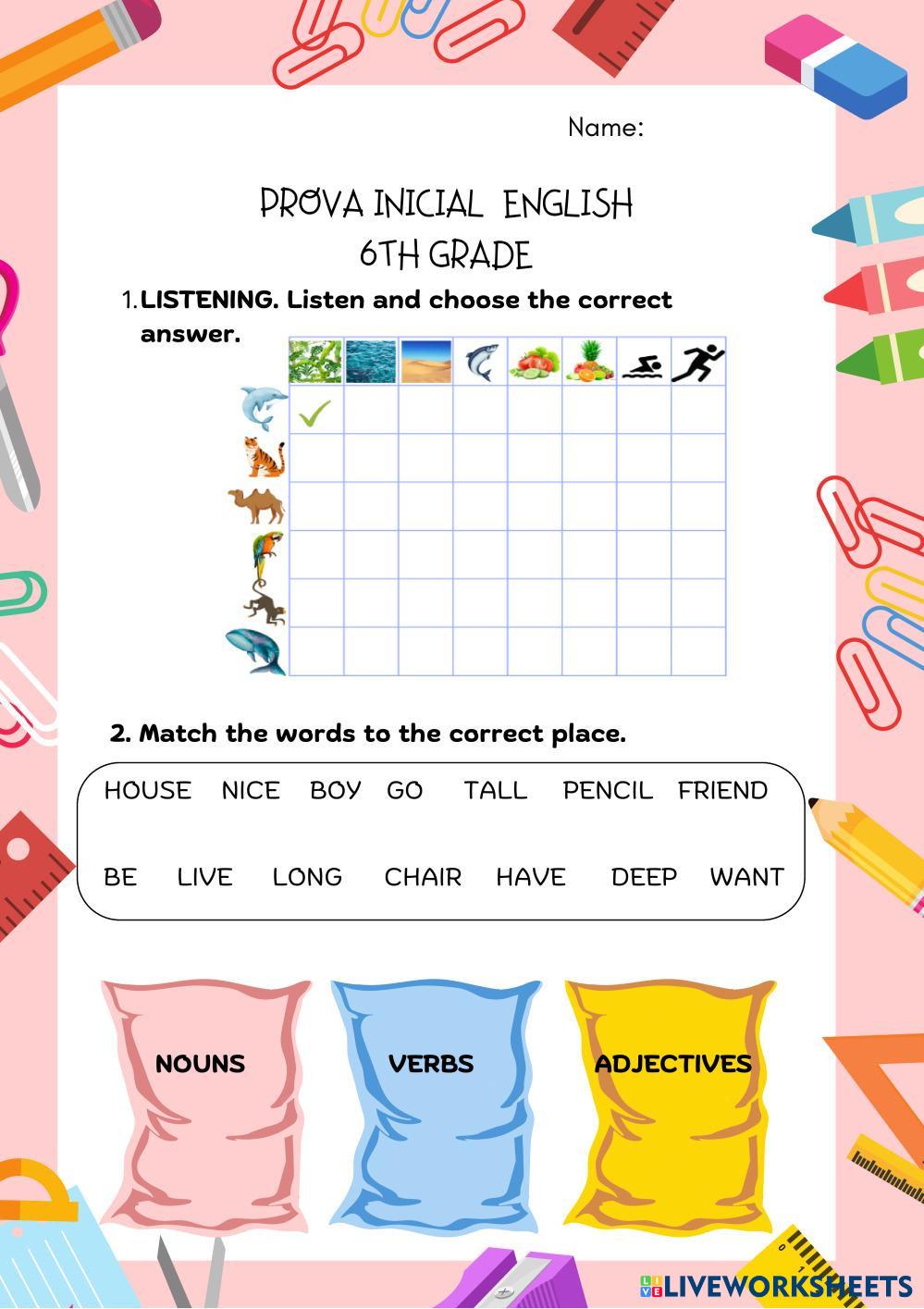 Prova inicial d'anglès 6è primària | Live Worksheets