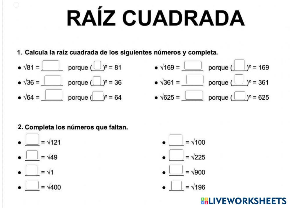 Raíz cuadrada | Live Worksheets