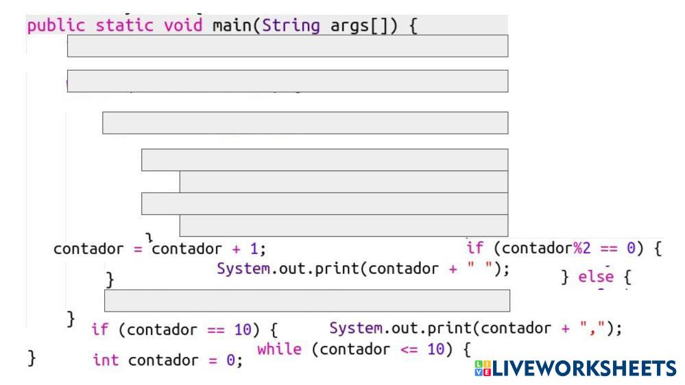 Contador Java con if anidados | Live Worksheets