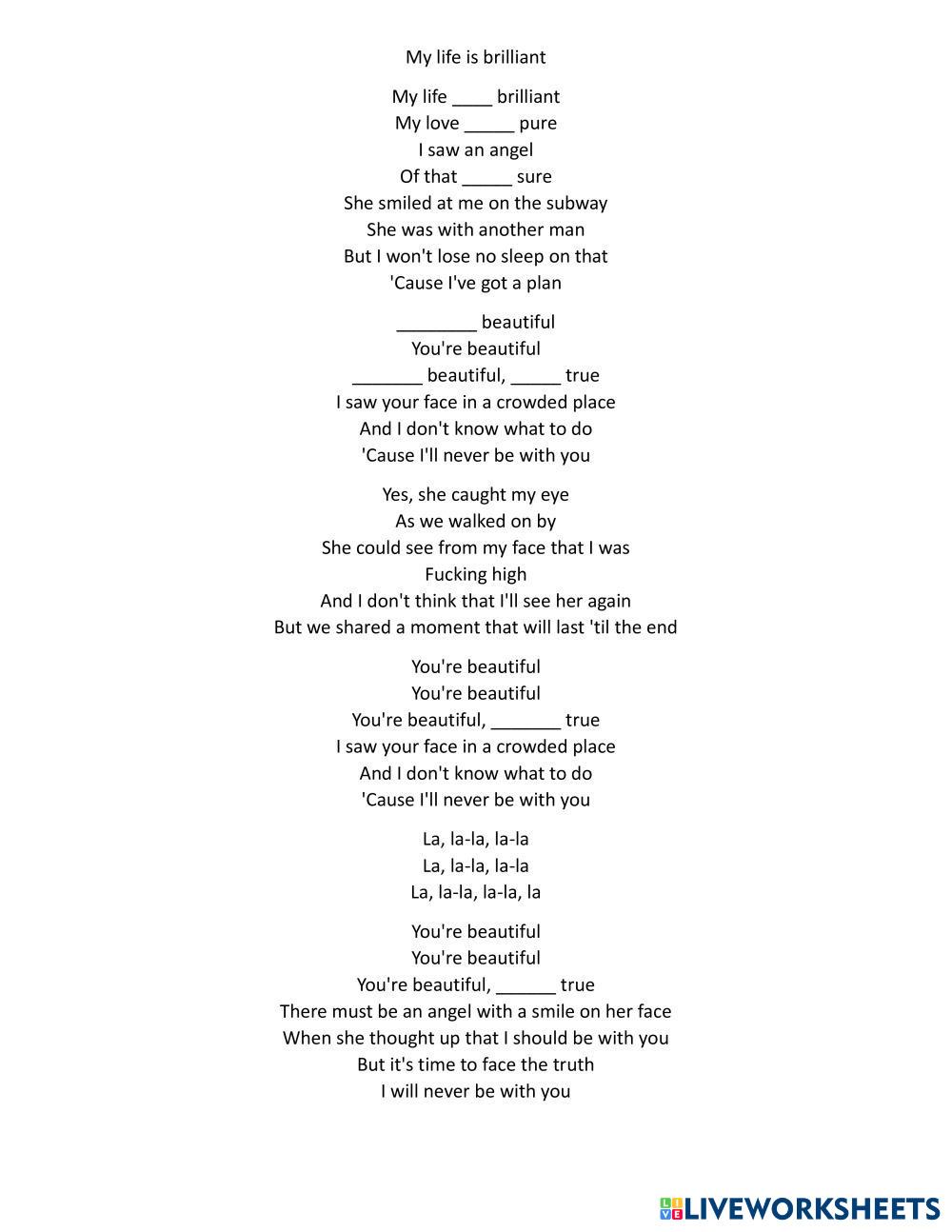 Song: You're beautiful | Live Worksheets Song: You're beautiful | Live Worksheets