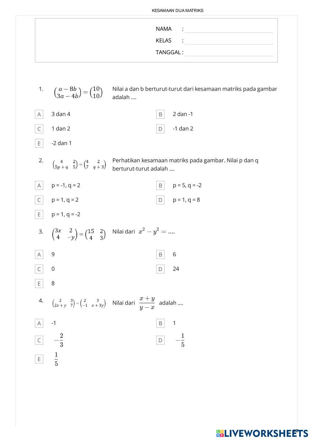 transpose dan kesamaan matriks | Live Worksheets