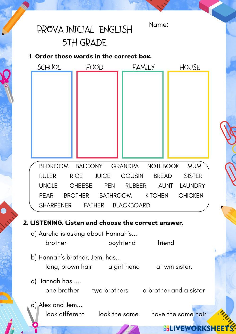 PROVA INICIAL ANGLÈS 5è | Live Worksheets