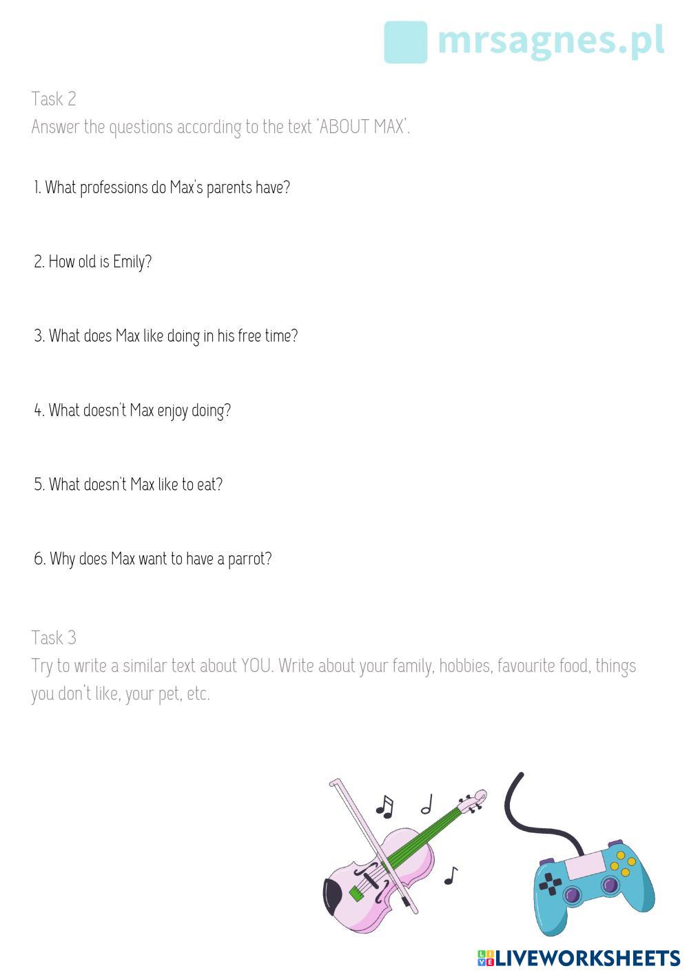 ABOUT MAX reading comprehension A1 | Live Worksheets