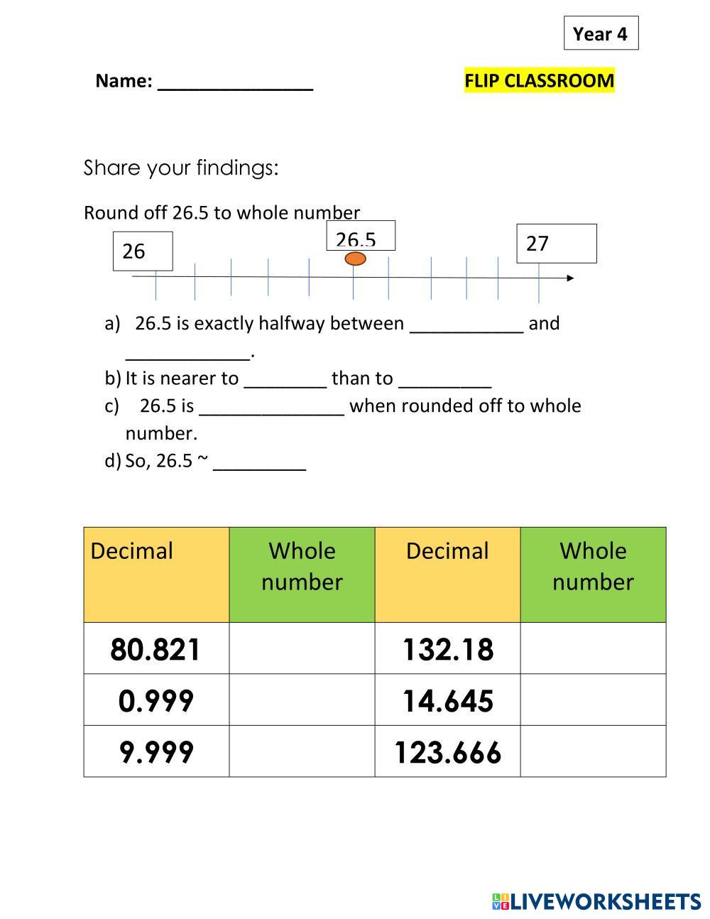 ROUNDING DECIMAL TO NEAREST WHOLE | Live Worksheets