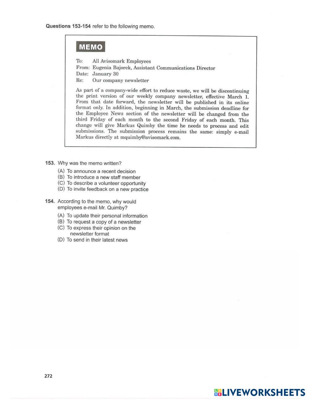 TOEIC - READING… | Free Interactive Worksheets | 7170526