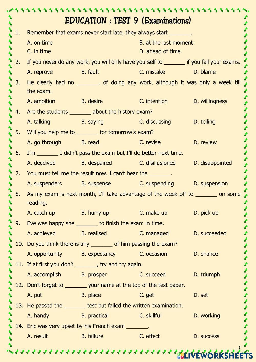 Vocabulary_Education (Examinations) 7-9 | Live Worksheets