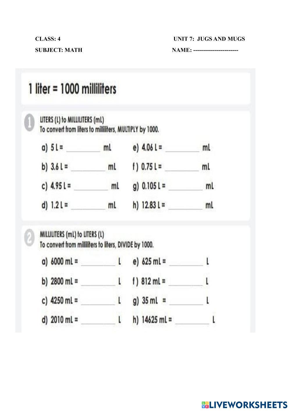 7. JUGS AND MUGS | Live Worksheets