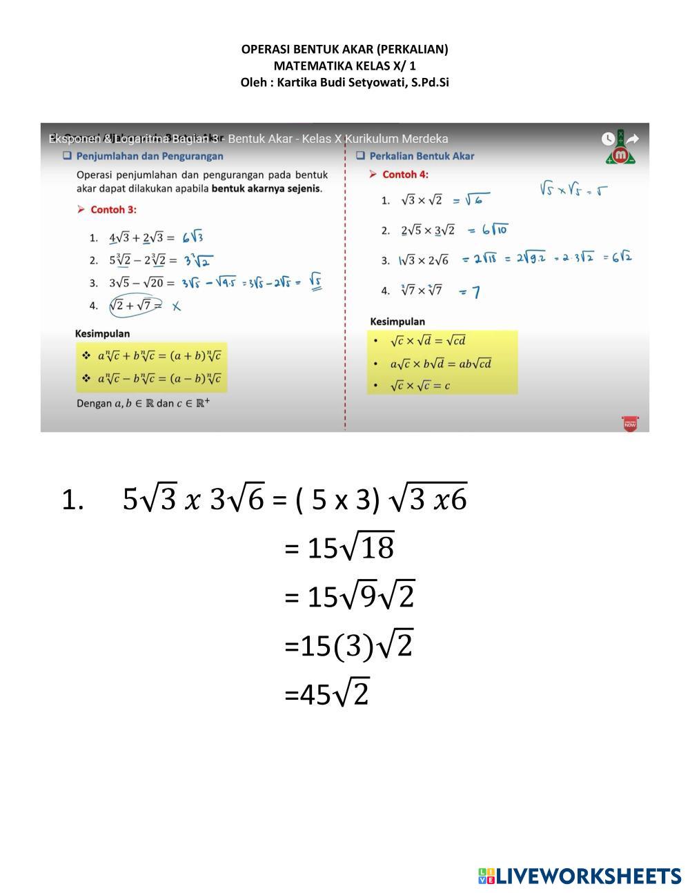 Perkalian Bentuk Akar | Live Worksheets