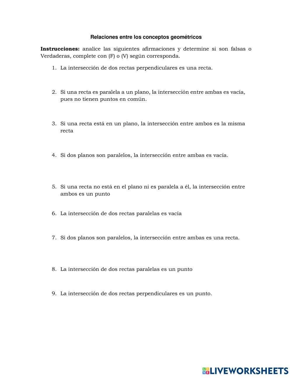 Relaciones entre conceptos geométricos | Live Worksheets
