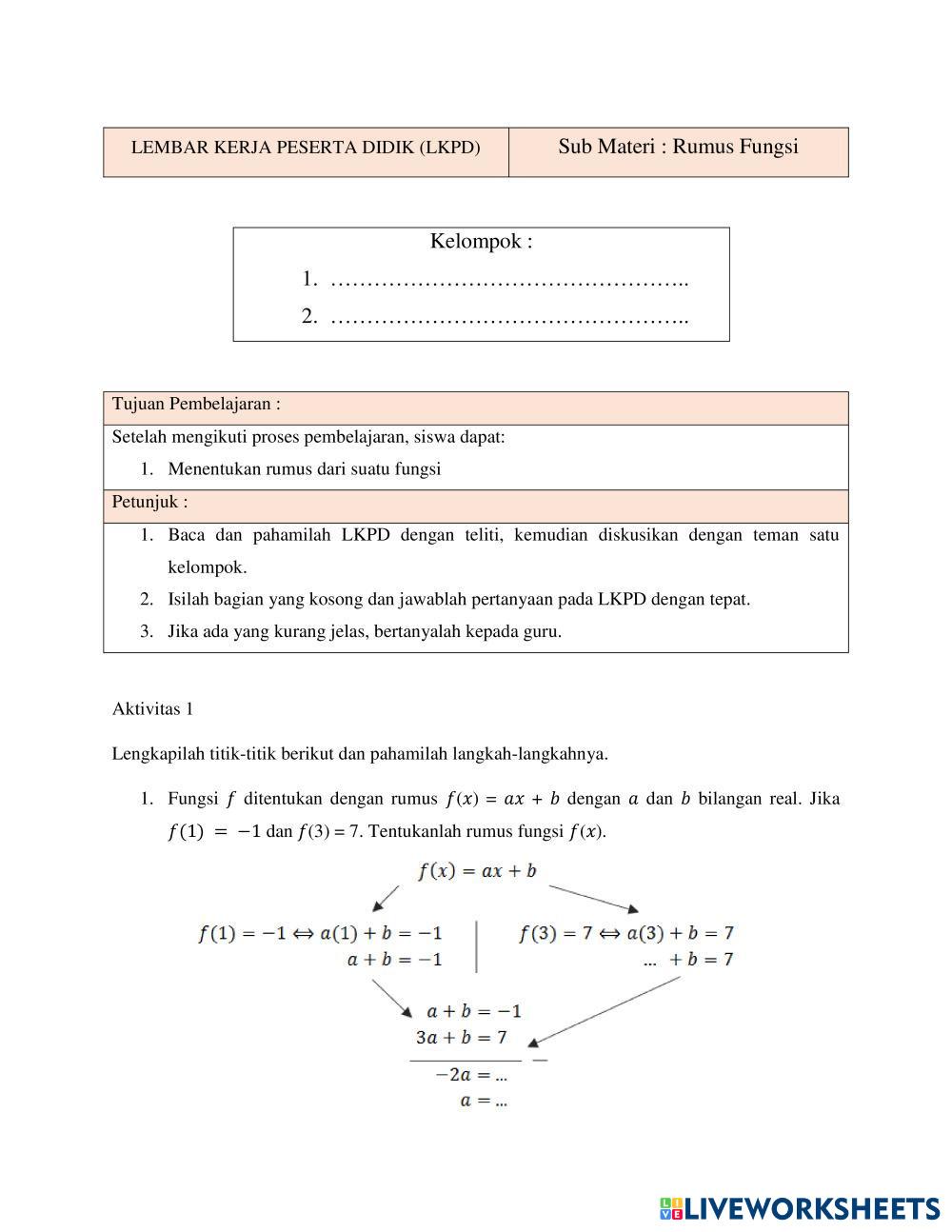 LKPD Rumus Fungsi | Live Worksheets