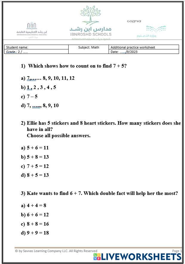 Additional Practice Sheet grade2 7176454 | nirmeen alhaj