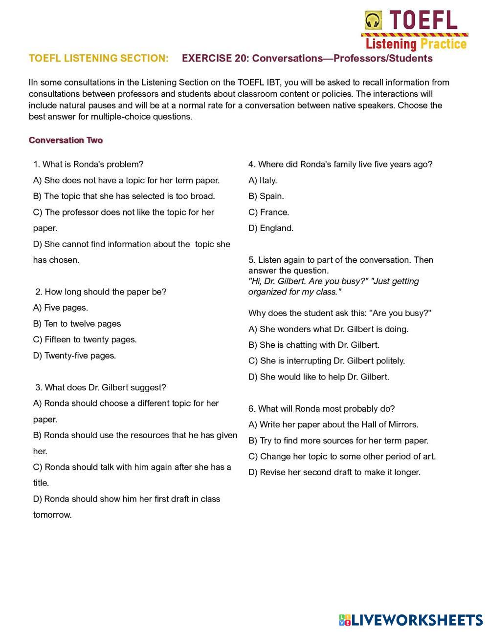 TOEFL LISTENING… | Free Interactive Worksheets | 7177310