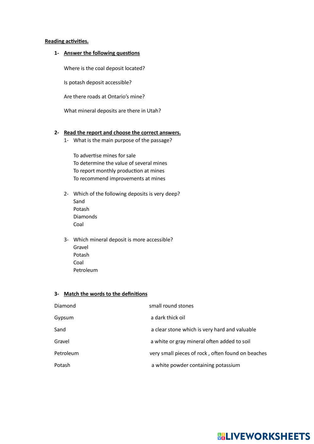 MINING | Live Worksheets