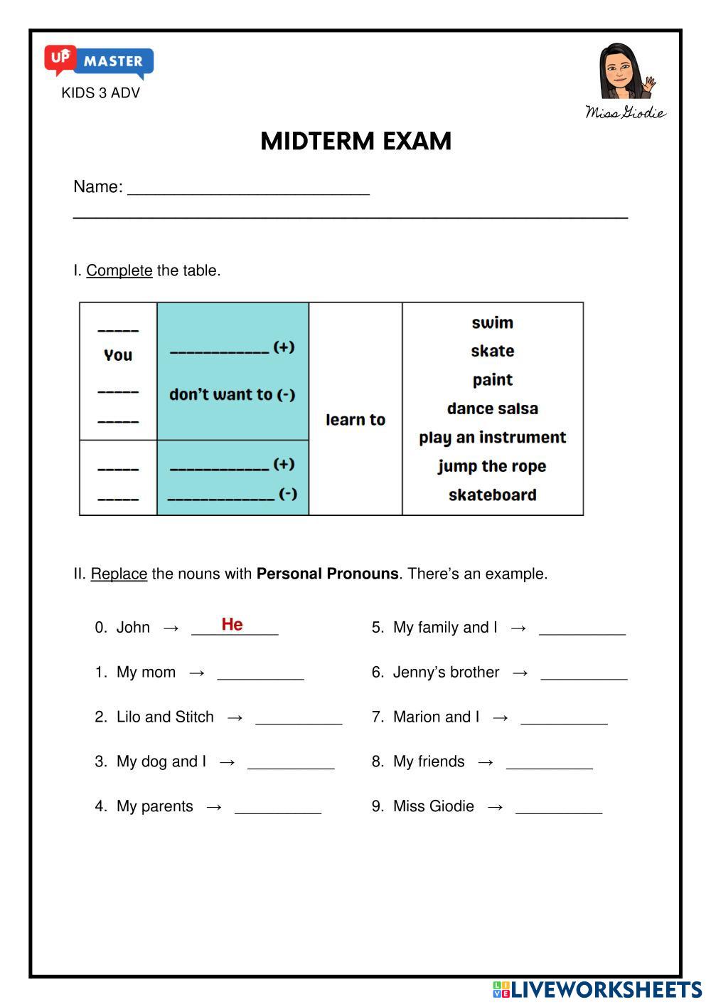 MIDTERM EXAM_KI… | Free Interactive Worksheets | 7178599