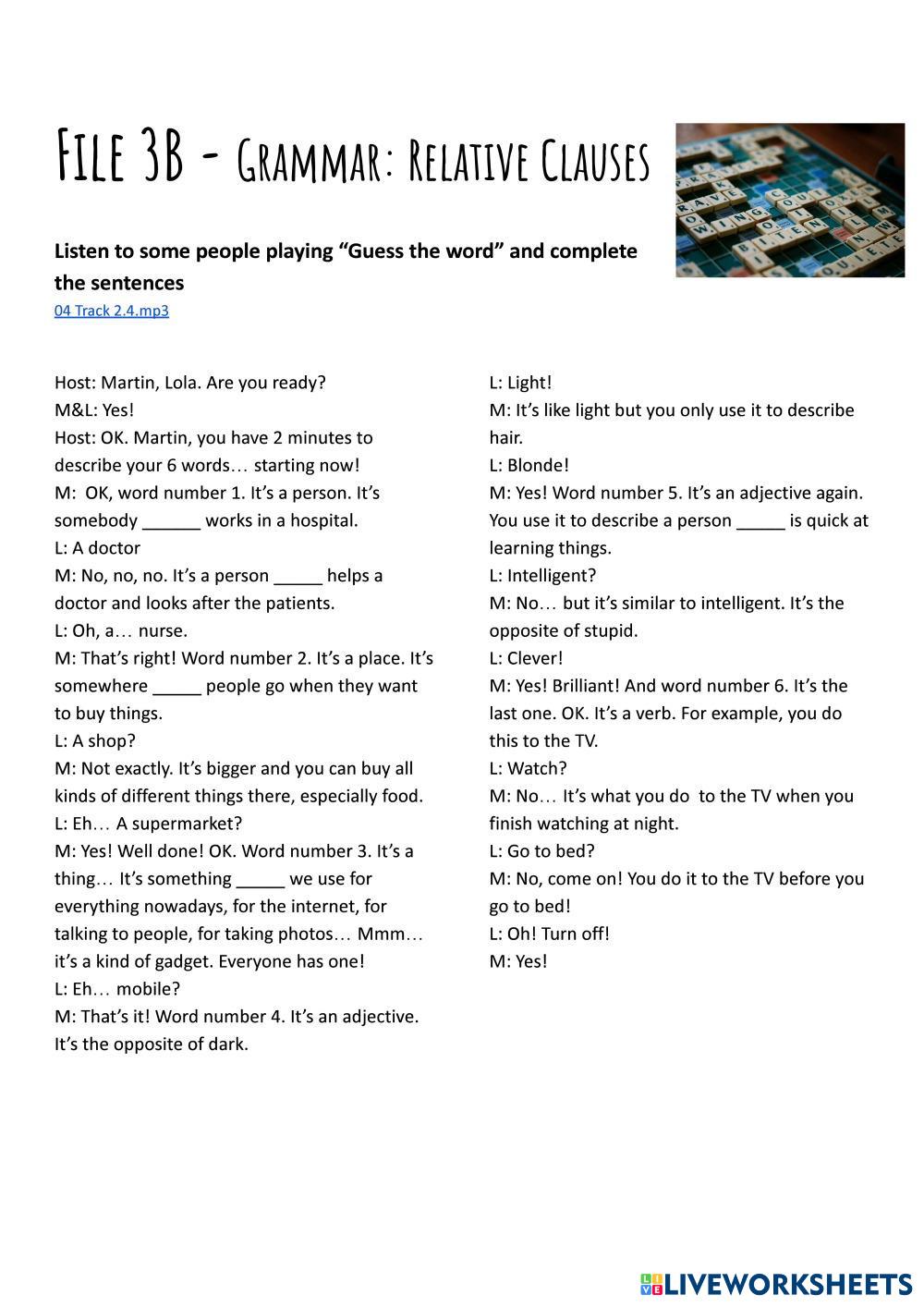 File 3B - Grammar Defining Relative Clauses | Live Worksheets