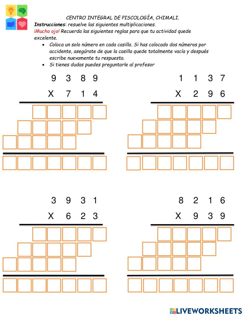 MULTIPLICACIONES MILLARES POR CENTENAS | Live Worksheets