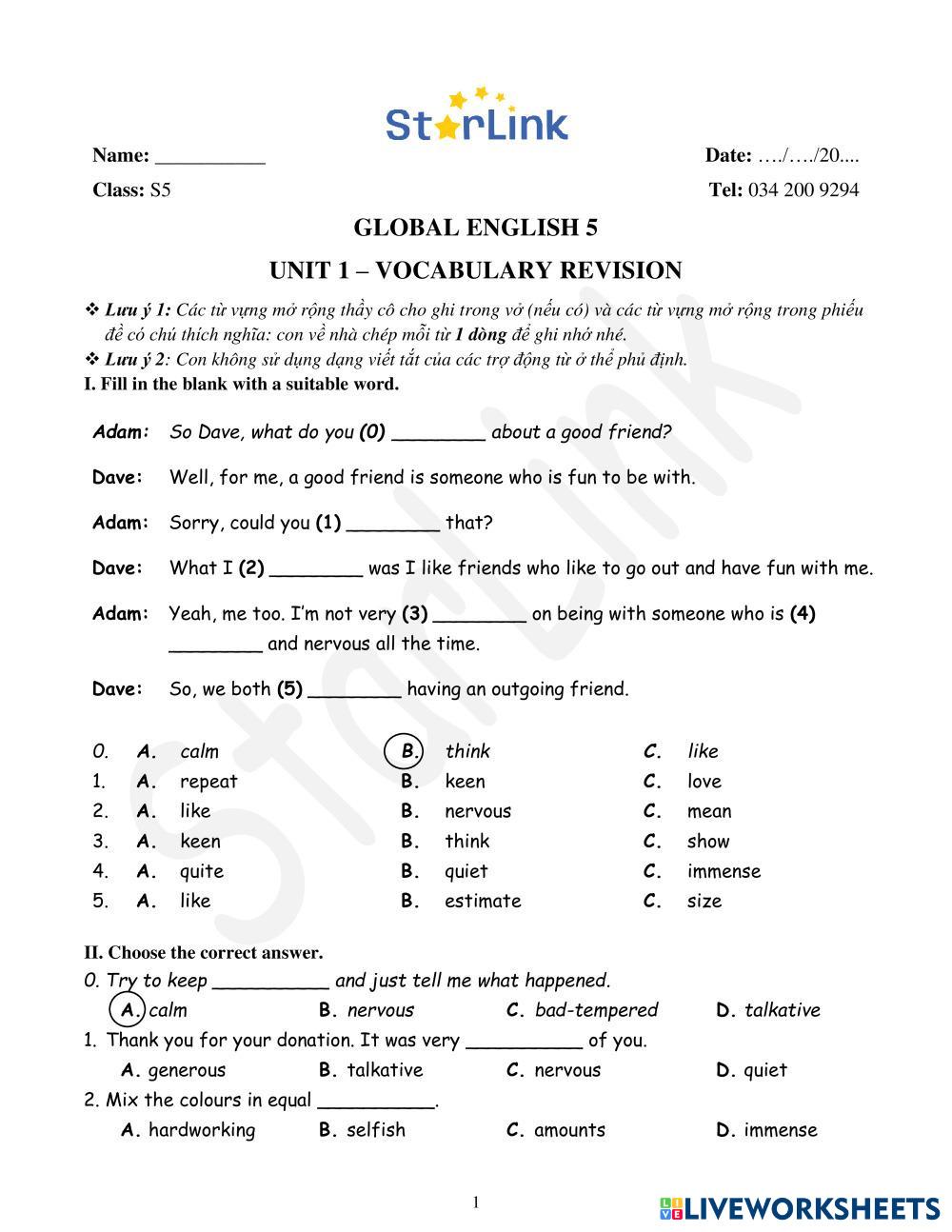ONLINE-Foreign-S5-W7-U1-VOCAB-REVISION | Live Worksheets