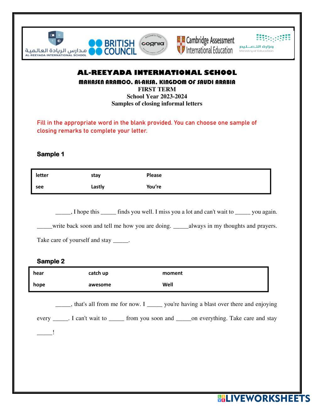 Samples of closing informal letters | Live Worksheets