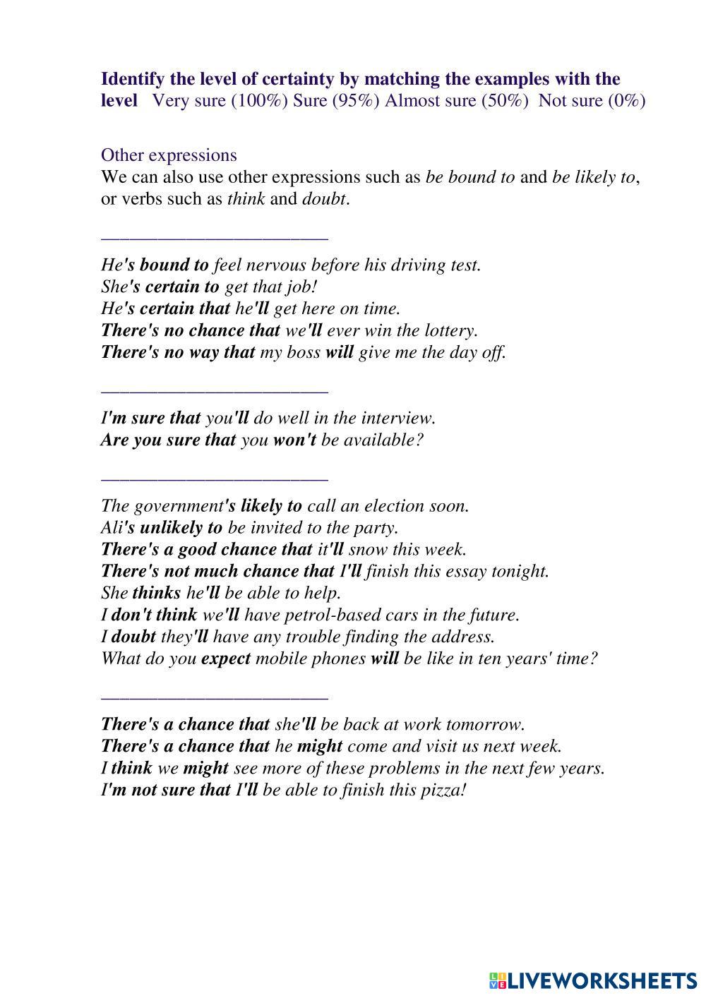 Degree of Certainty | Live Worksheets