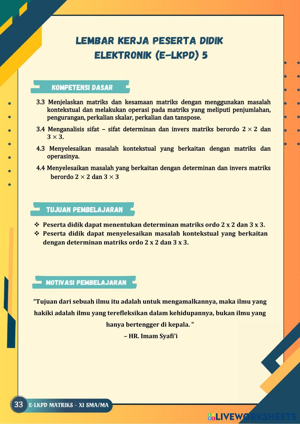E-LKPD 5 : Determinan Matriks Ordo 2x2 | Live Worksheets