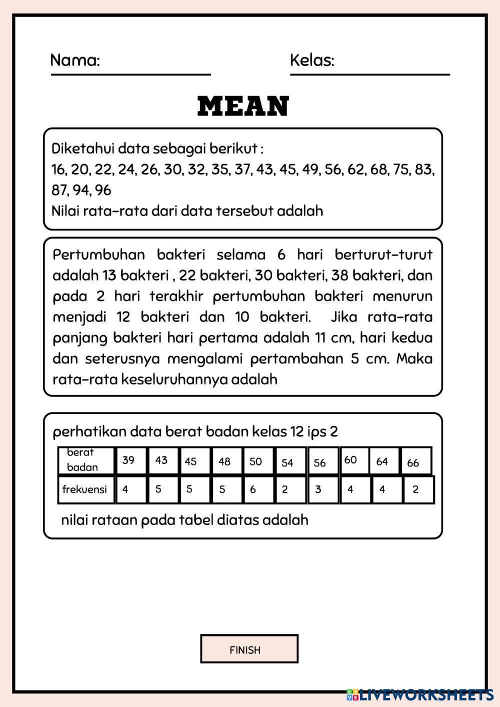 Liveworksheet Mean Data Tunggal | Live Worksheets