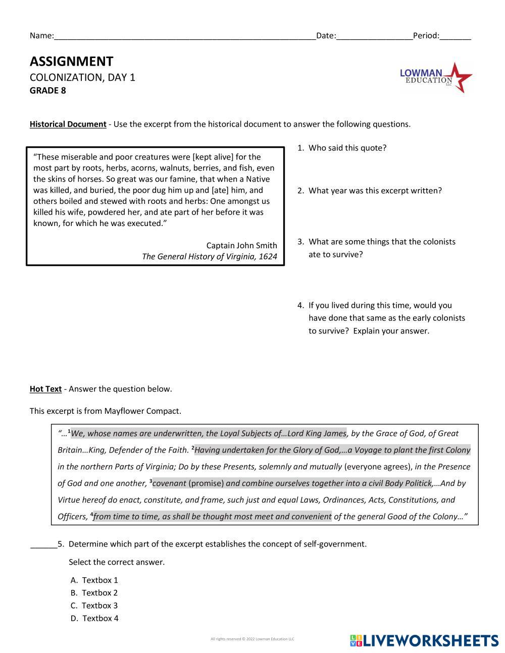 Day 1 Assignment (Colonization) | Live Worksheets