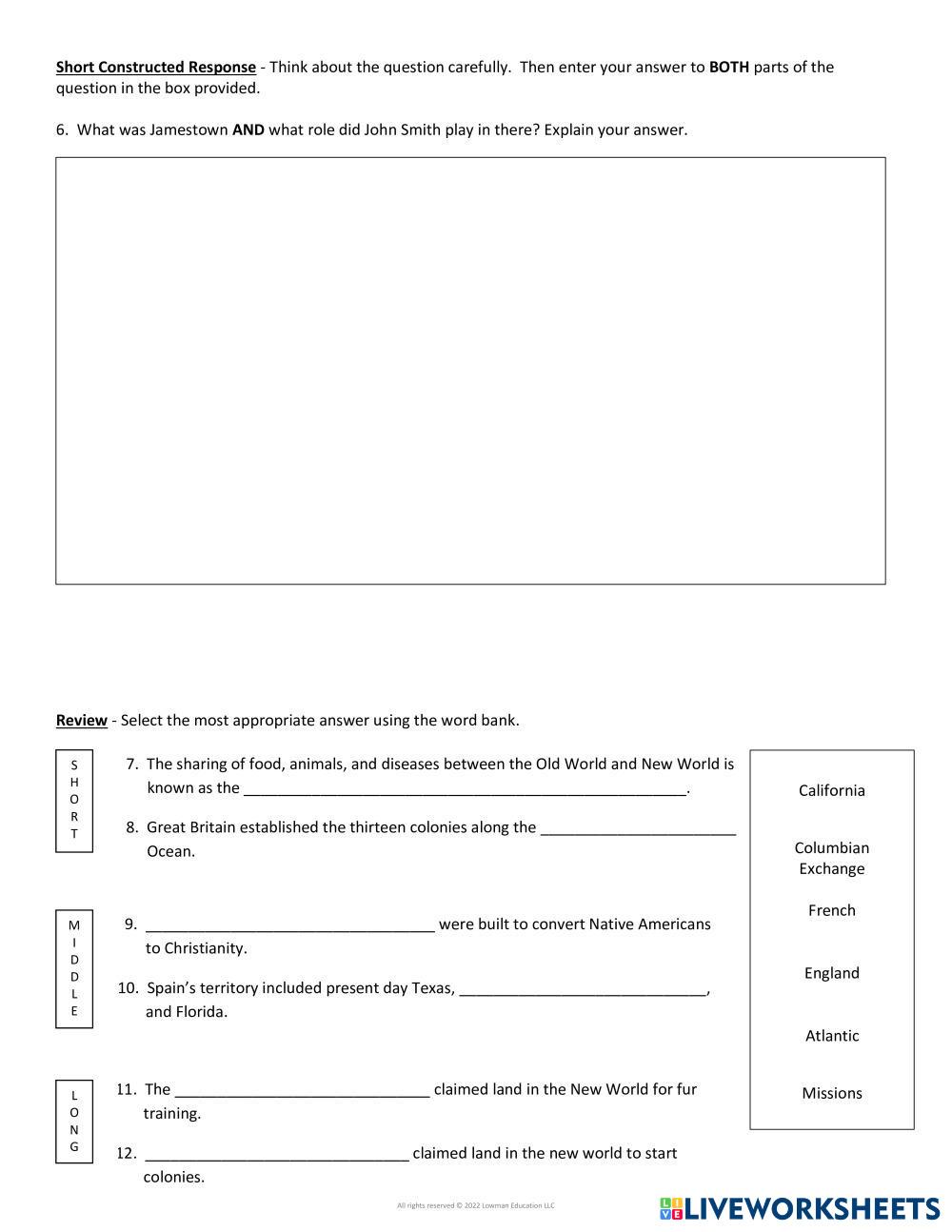 Day 1 Assignment (Colonization) | Live Worksheets