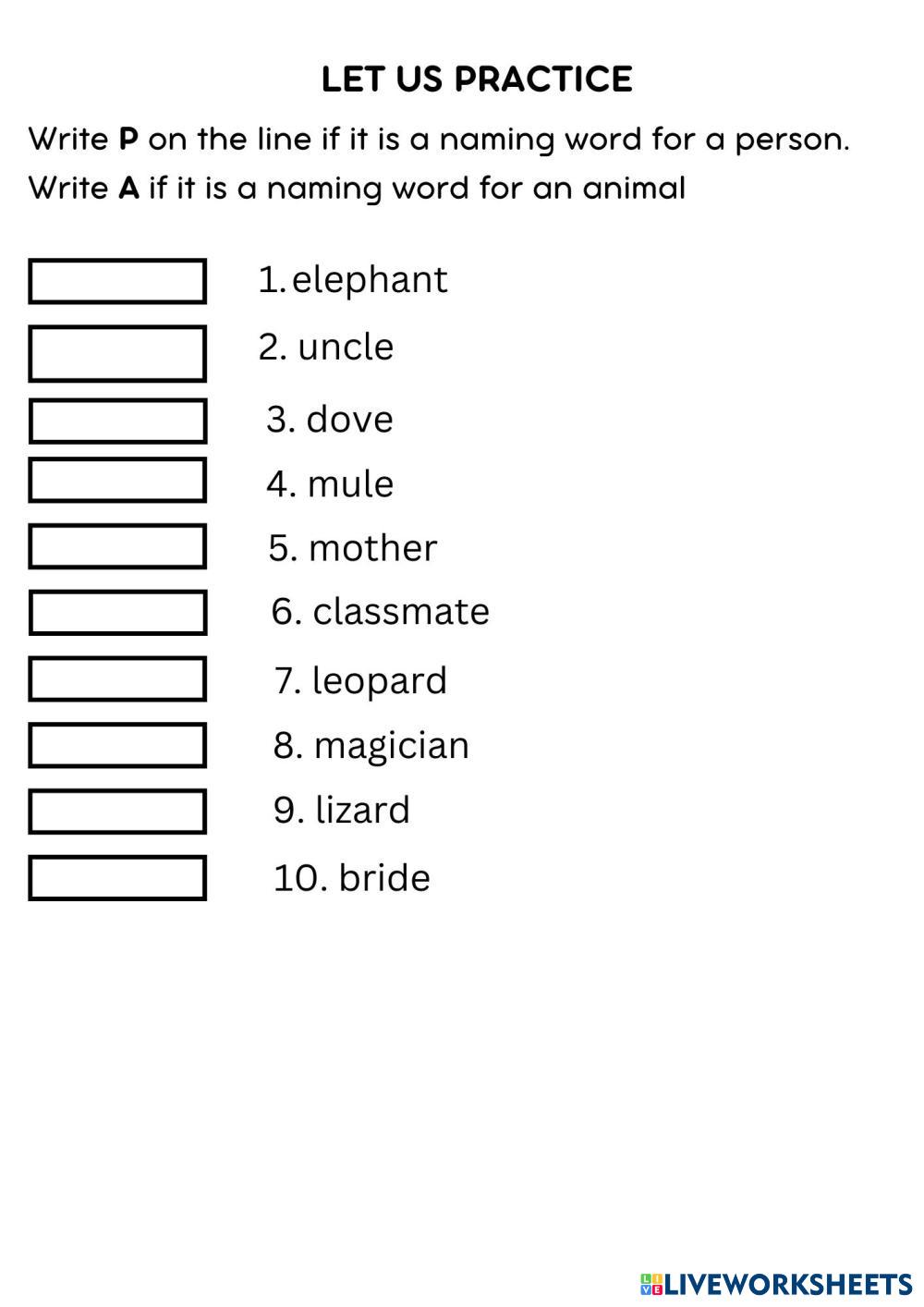 naming words exercise