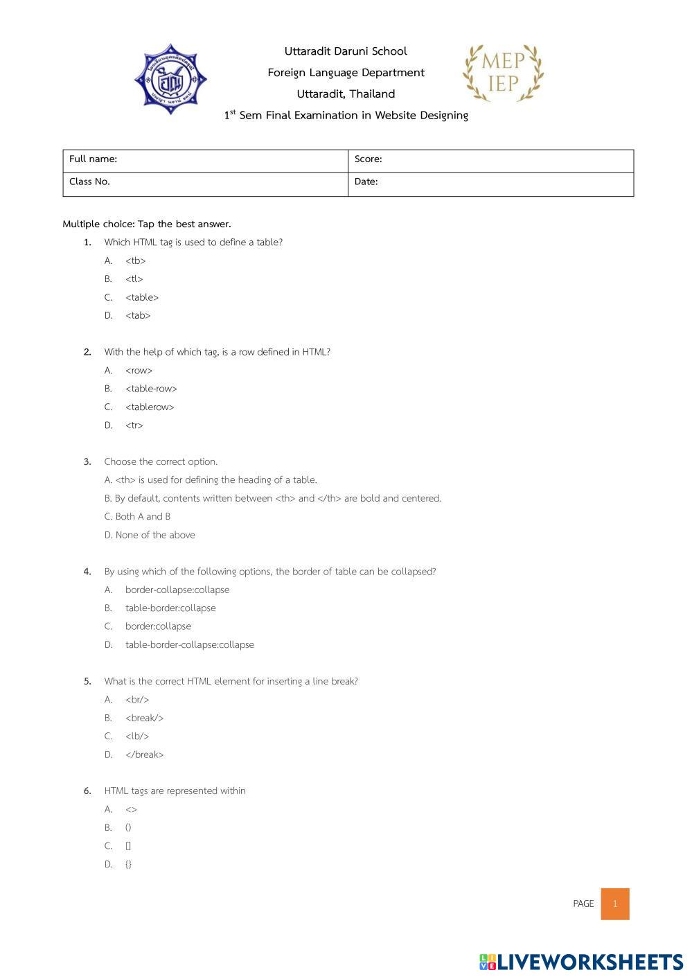Website Designing 1st Sem Final Exam | Live Worksheets