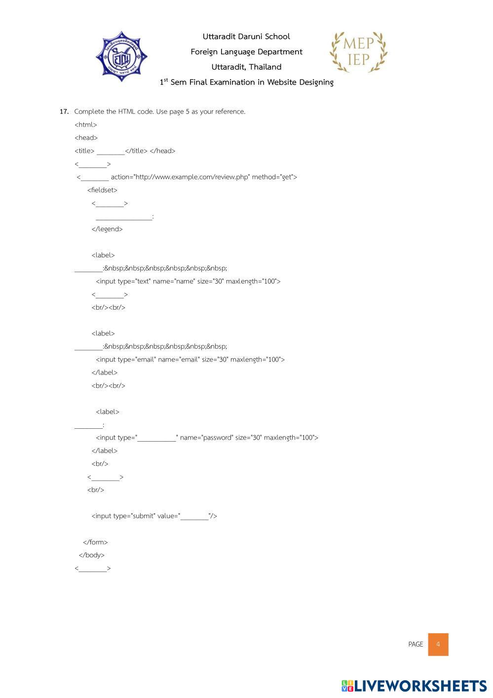Website Designing 1st Sem Final Exam | Live Worksheets