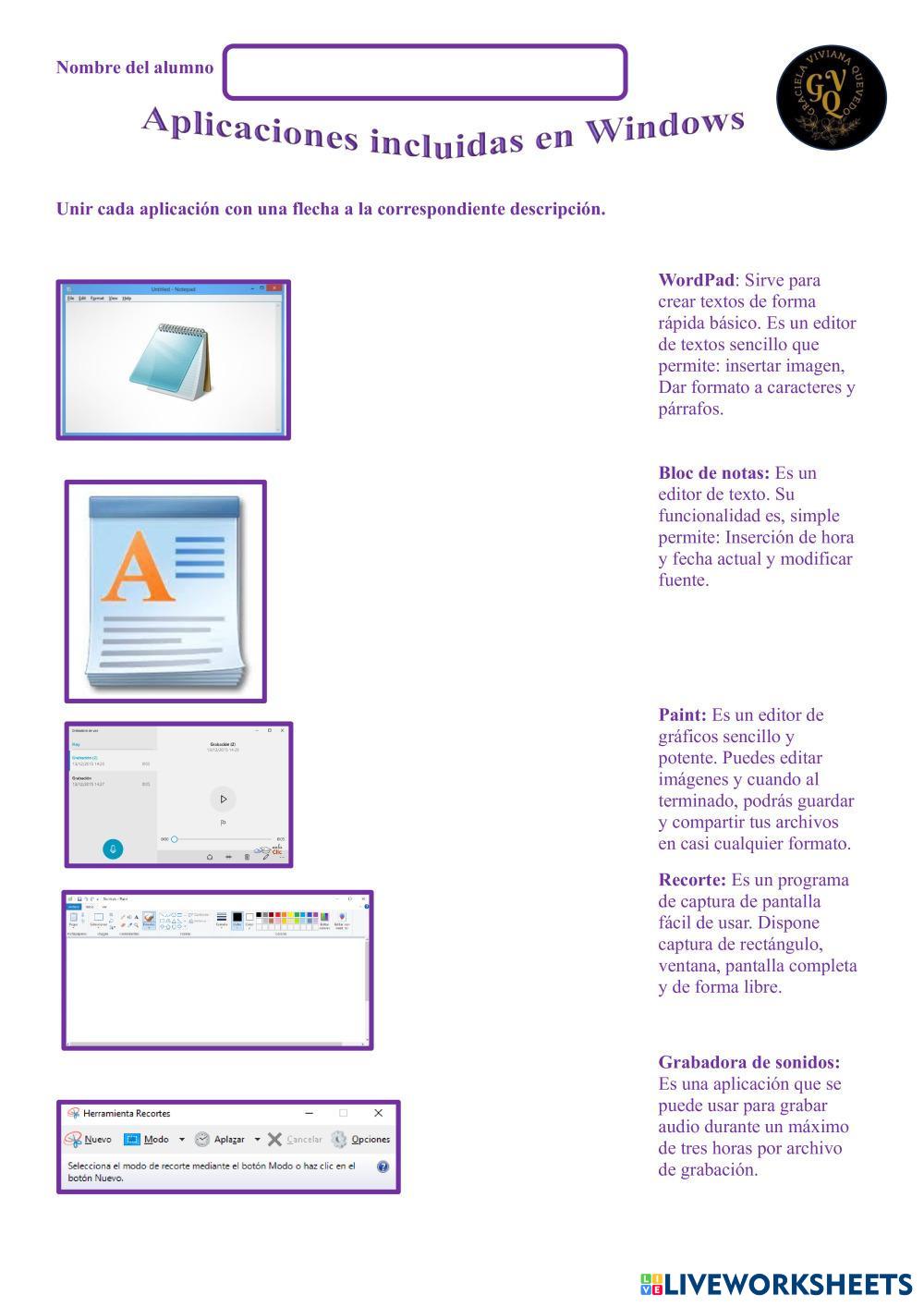Aplicaciones incluidas en Windows | Live Worksheets