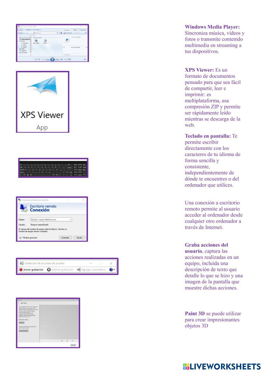 Aplicaciones incluidas en Windows | Live Worksheets