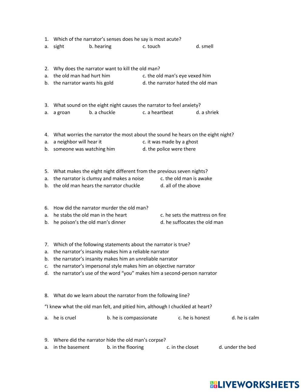 Tell-Tale Heart Quiz | Live Worksheets