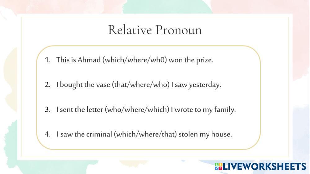 Relative Pronouns 7190262 | Mary_Jawad | Live Worksheets