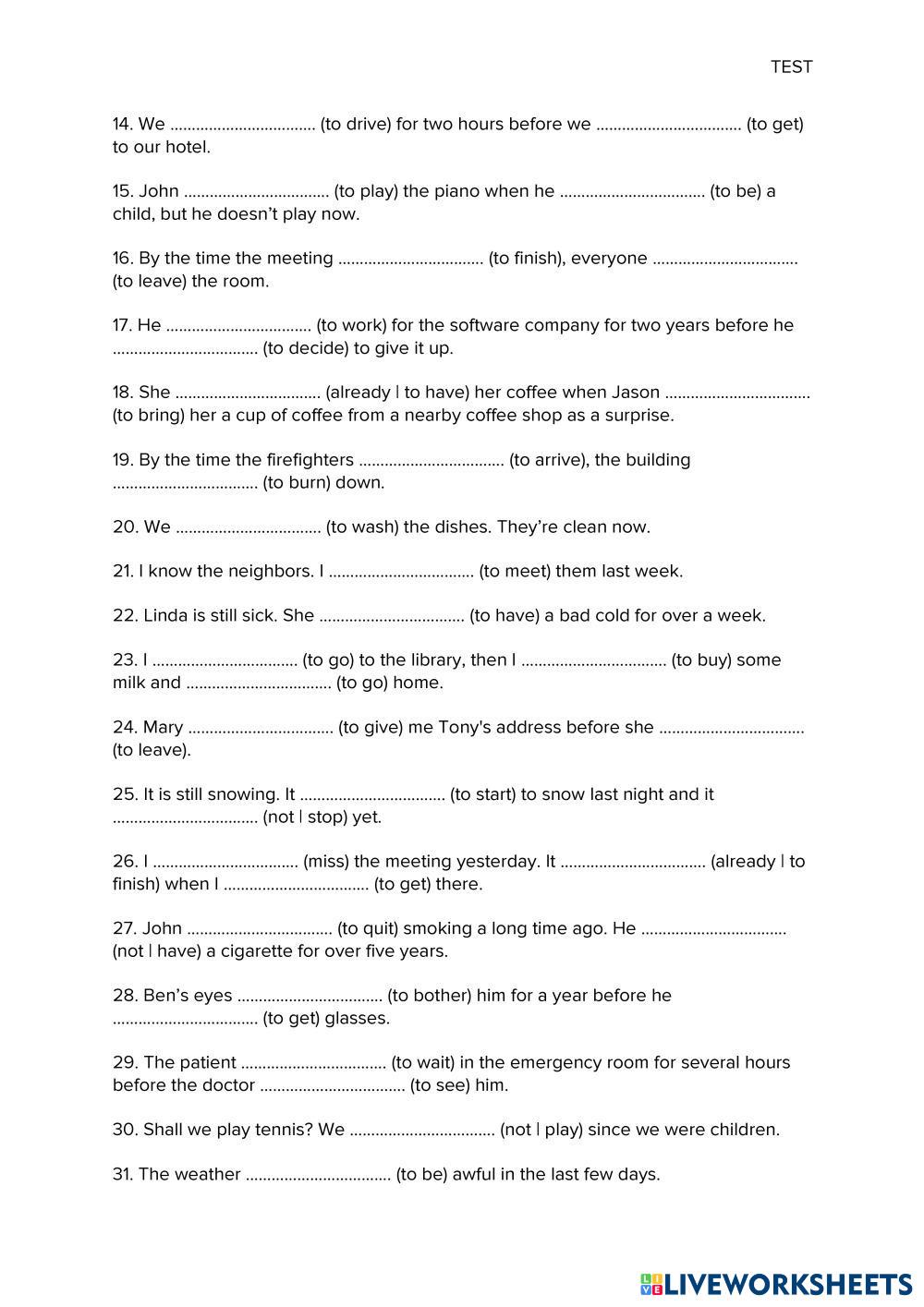 TEST – PAST SIMPLE, PRESENT PERFECT, PAST PERFECT online exercise for ...