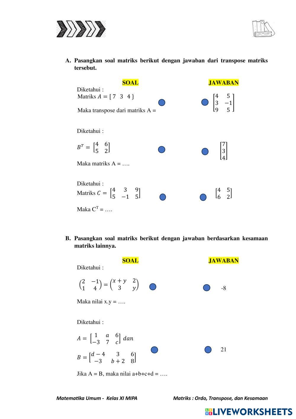Ordo, Transpose, dan Kesamaan Matriks | Live Worksheets