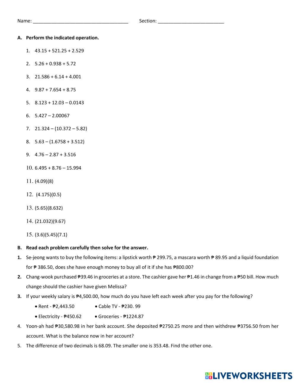 Decimals | Live Worksheets