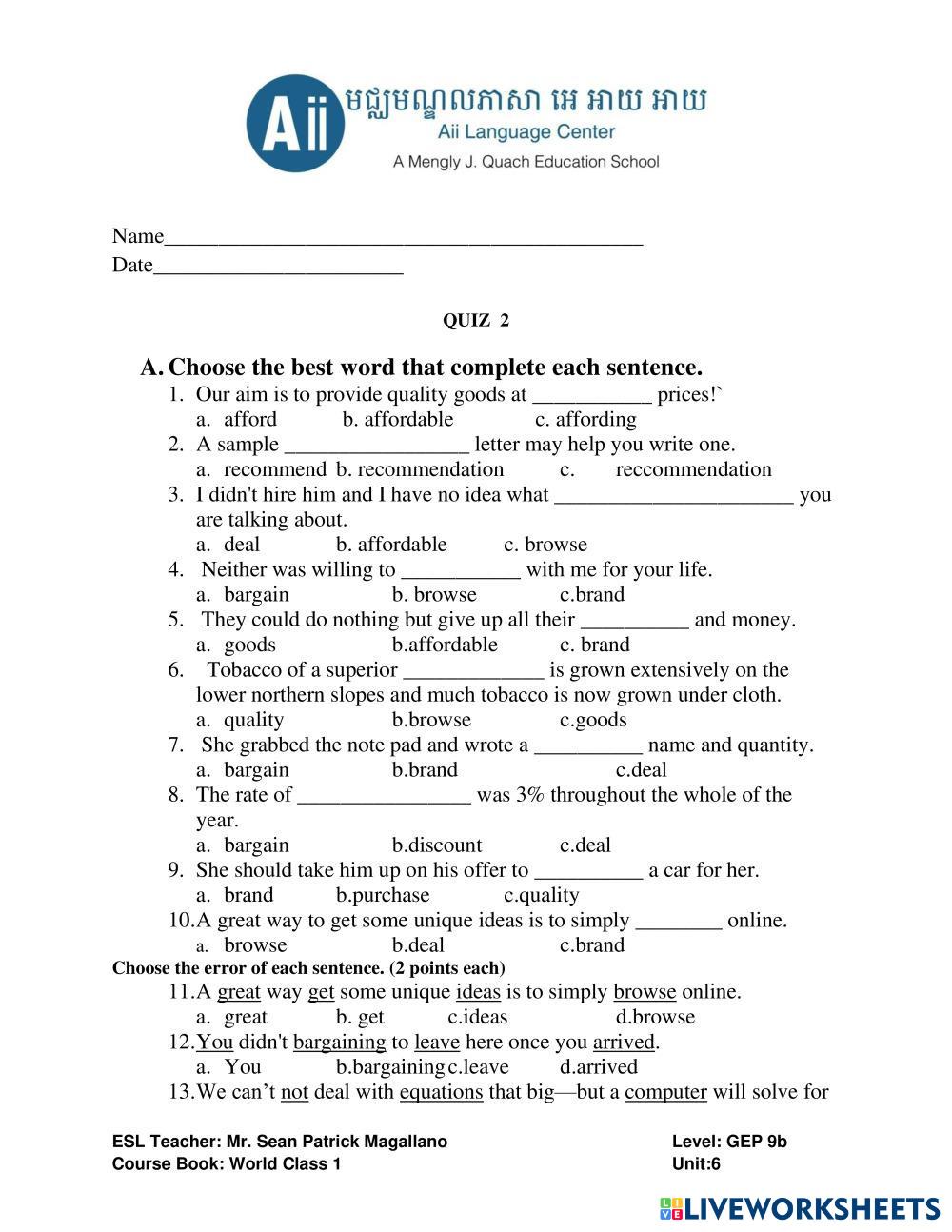 QUIZ 2 GEP 9B | Live Worksheets