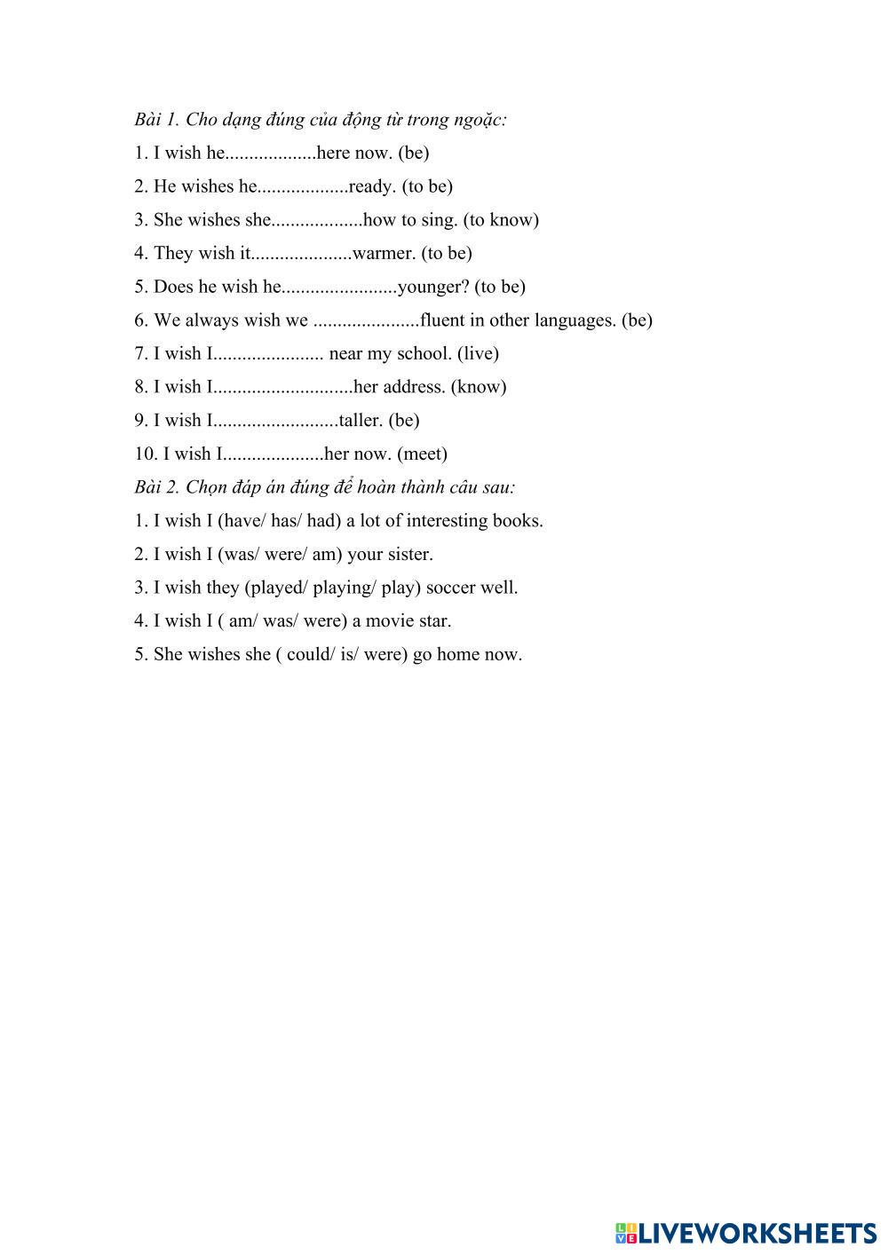 Wish sentences | Free Interactive Worksheets | 7193668