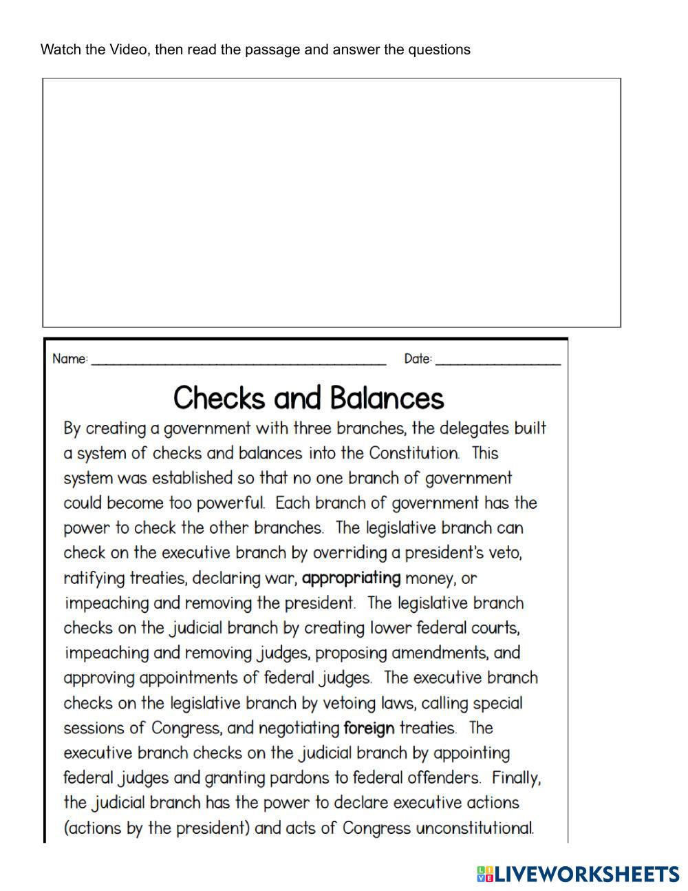 Checks and Balances | Live Worksheets