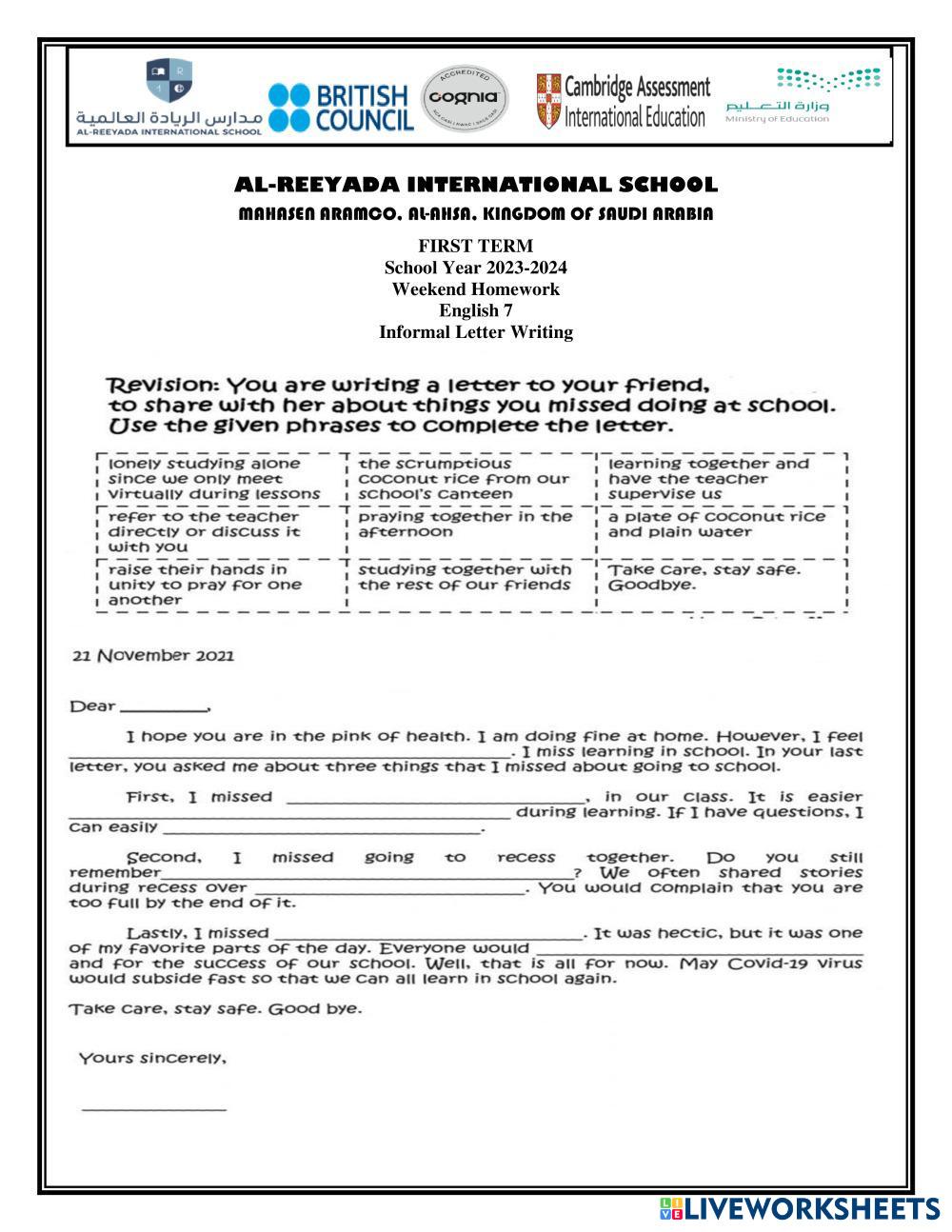 Informal Letter Writing 2227 | Mon28 | Live Worksheets